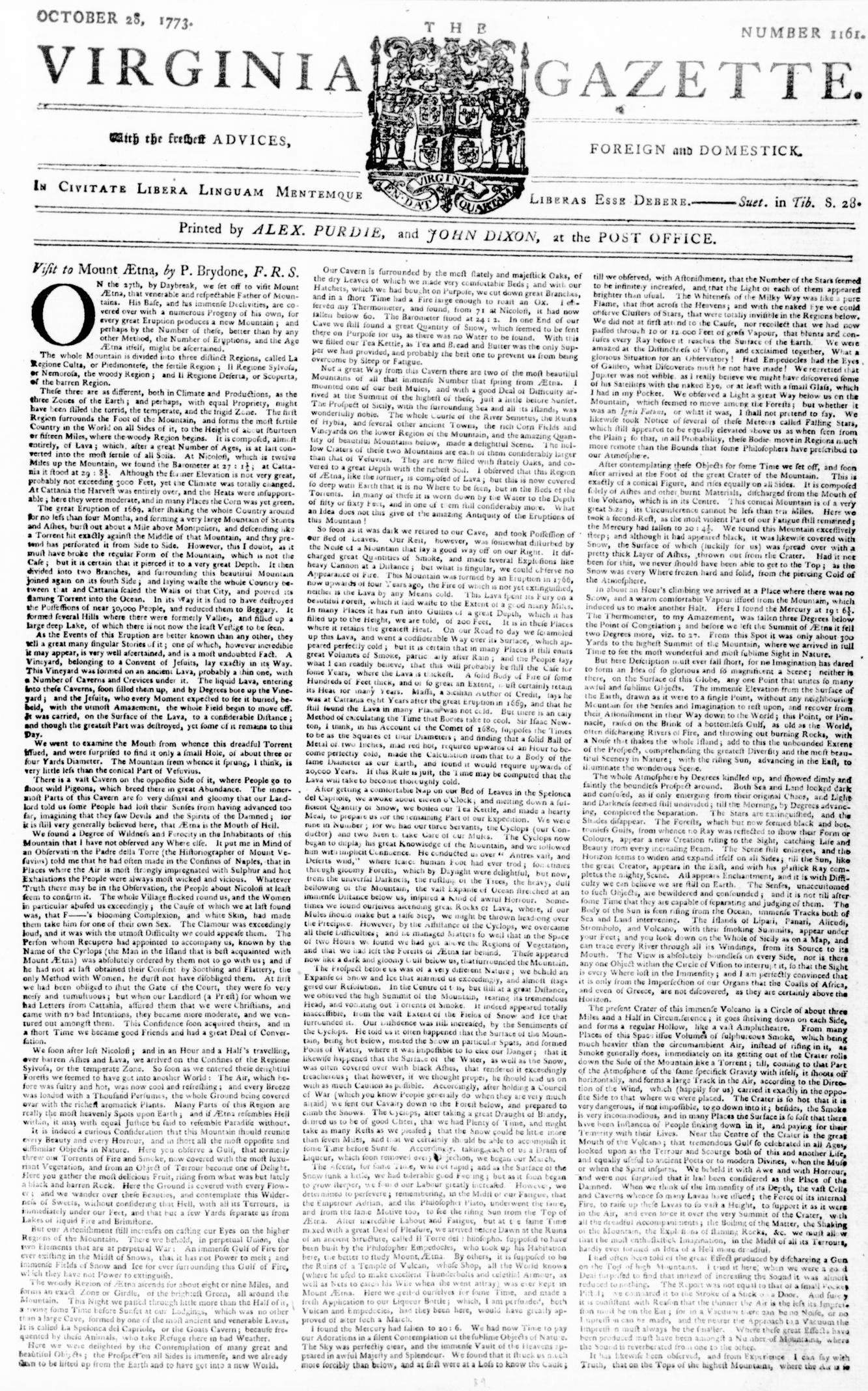 Virginia Gazette: Purdie and Dixon, Oct. 28, 1773, pg. 1 | The Colonial ...